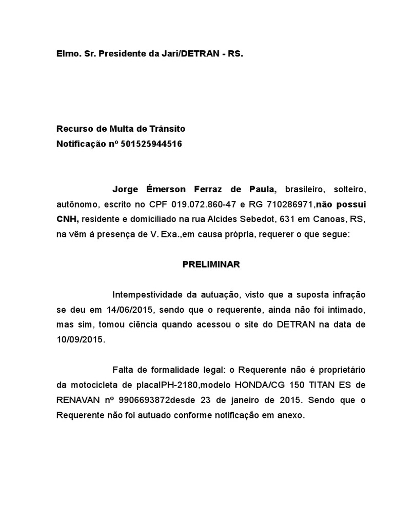 Modelo de Recurso Multa | PDF | Lei Estatutária | Administração pública