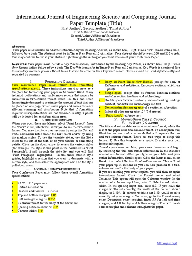IJESC Journal Paper Format | PDF | Bracket | Times New Roman