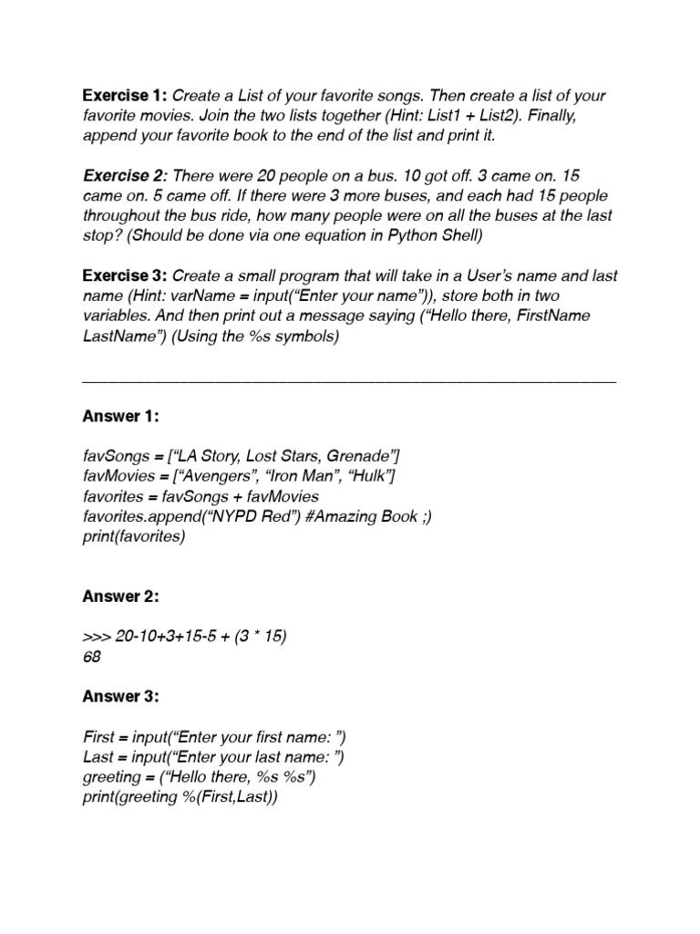 Python exercises for creating lists, performing calculations, and ...