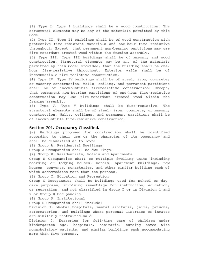 Section 701. Occupancy Classified | PDF | Wall | Framing (Construction)
