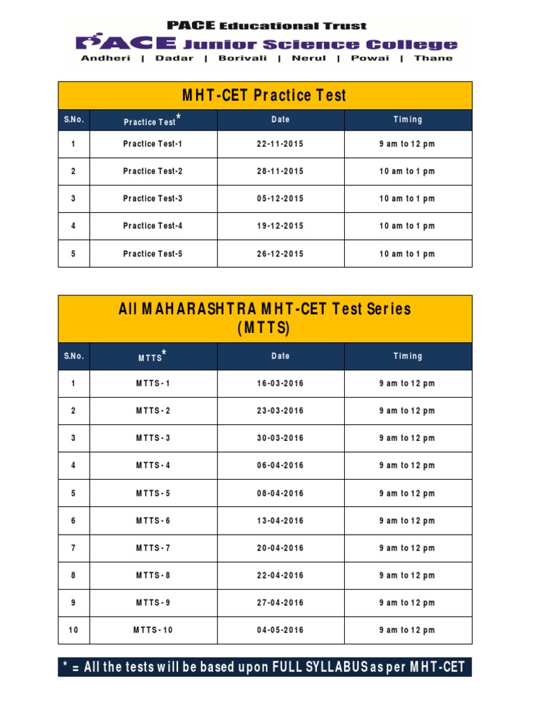 MHT-CET Practice Test Schedule | PDF