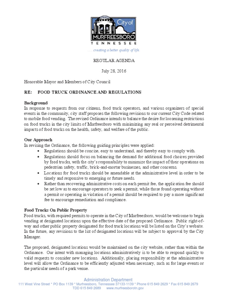 Food Truck Ordinance Letter | Food Truck | Traffic