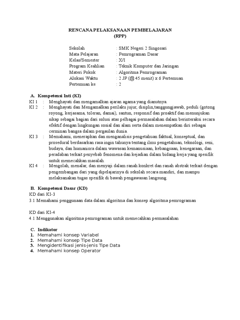 RPP Pemrograman Dasar TKJ Kelas X | PDF