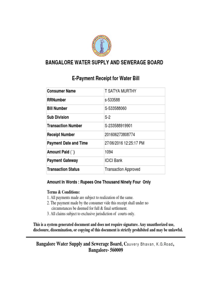 Bangalore Water Supply and Sewerage Board, C, Bangalore-560009 | PDF