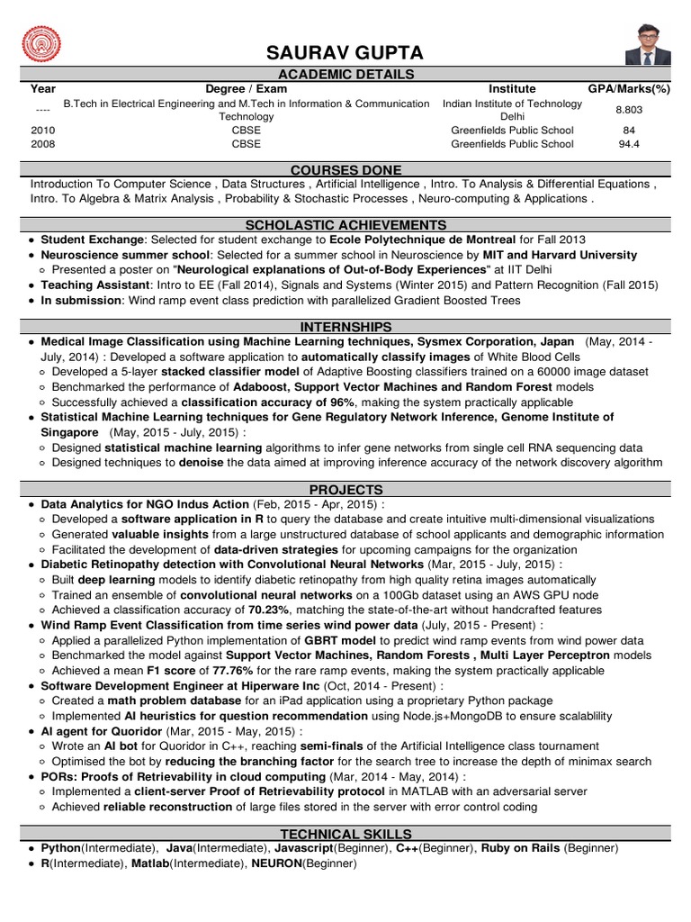 Saurav Gupta Resume 2016 | PDF | Artificial Intelligence | Intelligence (AI) & Semantics