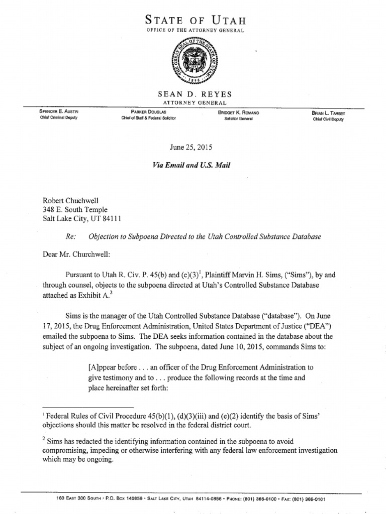 DEA Database Subpoena Letter | PDF | Pharmacy | Medical Prescription