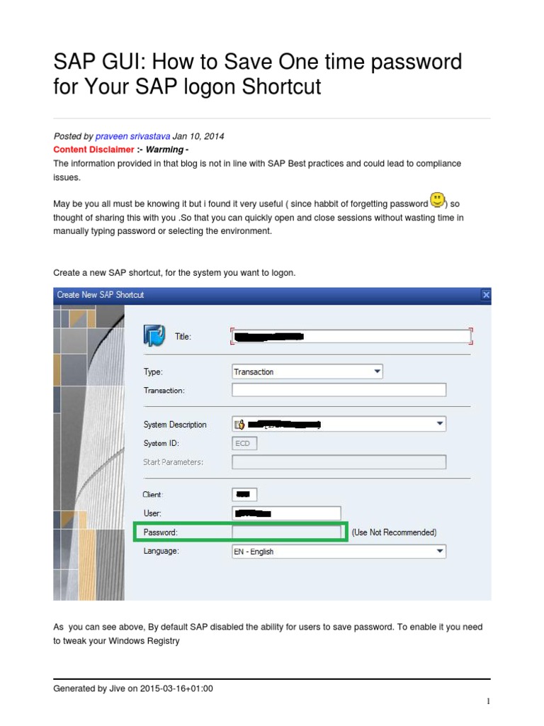 How to Save One Time Password for Your Sap Logon Shortcut | Windows ...