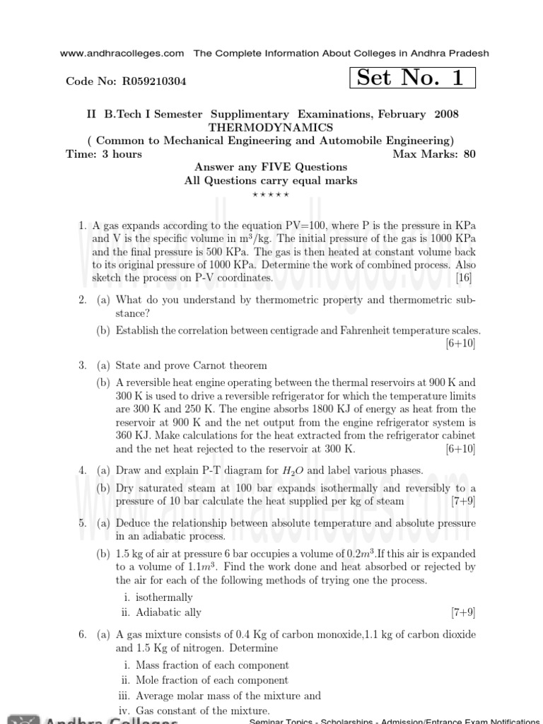 Thermodynamics Exam Questions and Topics | PDF | Entropy | Heat