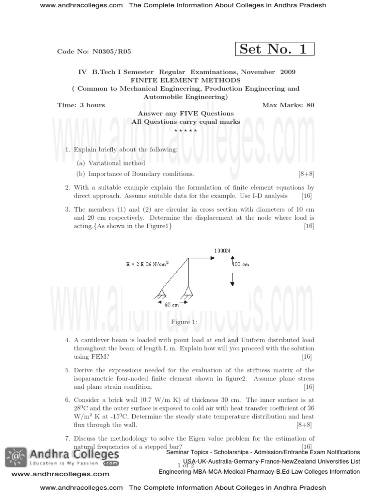 Set No 1 Pdf Finite Element Method Matrix Mathematics 1899