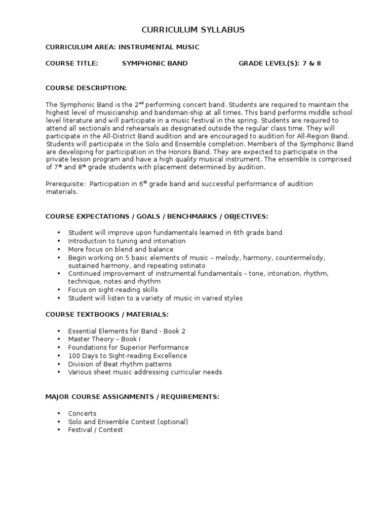 Symphonic Band Curriculum for Grades 7-8 | PDF | Curriculum | Sound