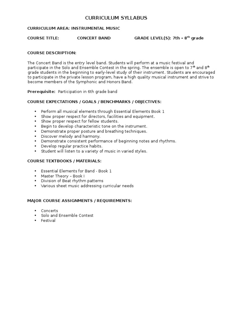 7th-8th Grade Concert Band Syllabus | PDF | Curriculum | Performing Arts