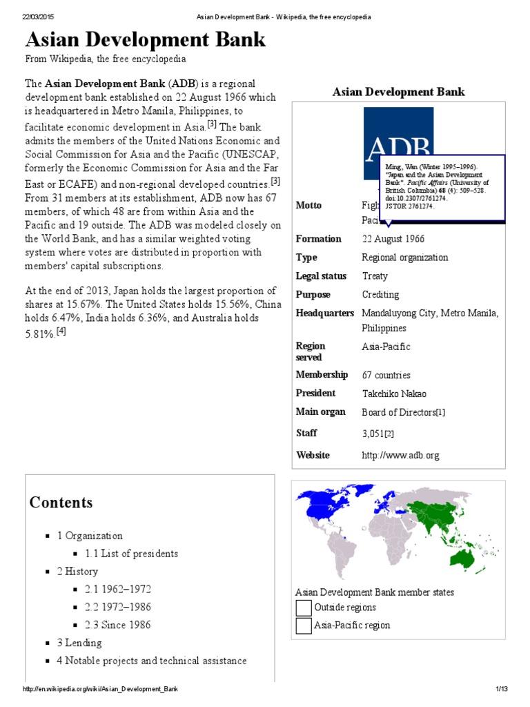 Asian Development Bank - Wikipedia, The Free Encyclopedia | PDF | Asian ...