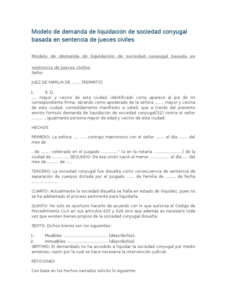 Modelo de Demanda de Liquidación de Sociedad Conyugal Basada en Sentencia de Jueces Civiles