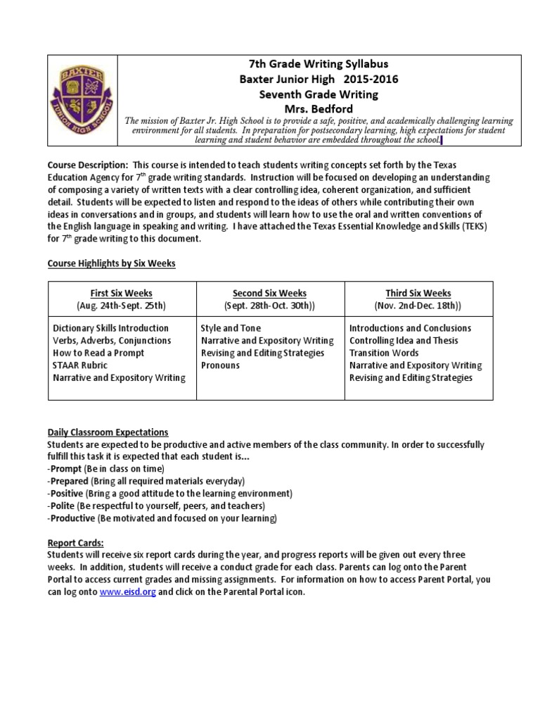 7thgradewritingsyllabus Docx 1 | PDF | Narrative | Cognition
