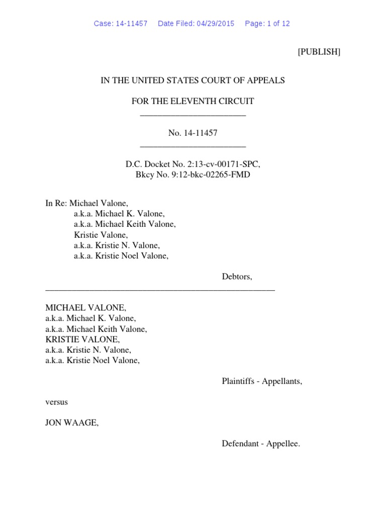 Michael Valone v. Jon Waage, 11th Cir. (2015) | PDF | Chapter 7 ...
