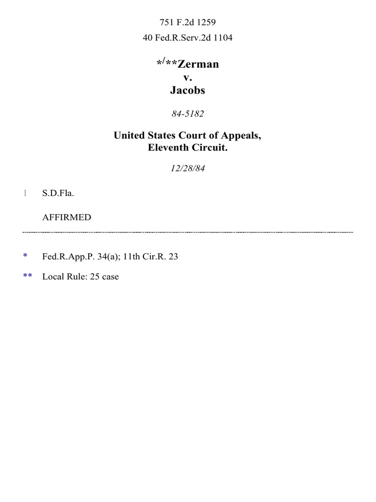 Zerman v. Jacobs, 751 F.2d 1259, 11th Cir. (1984) | PDF