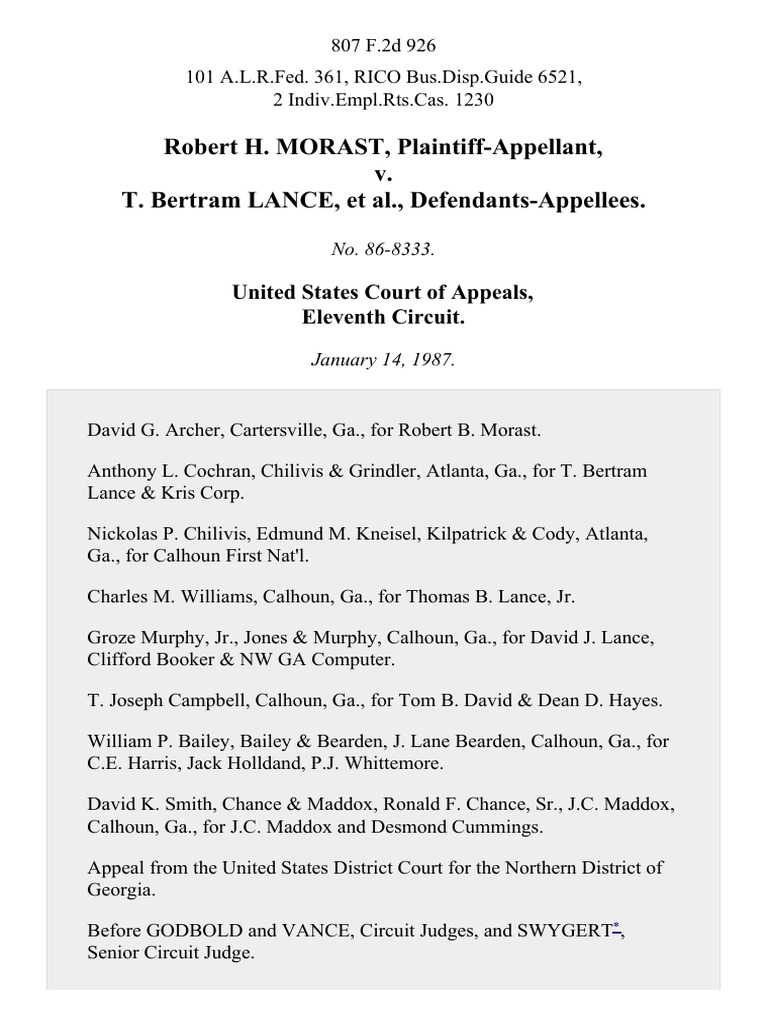 Robert H. Morast v. T. Bertram Lance, 807 F.2d 926, 11th Cir. (1987 ...