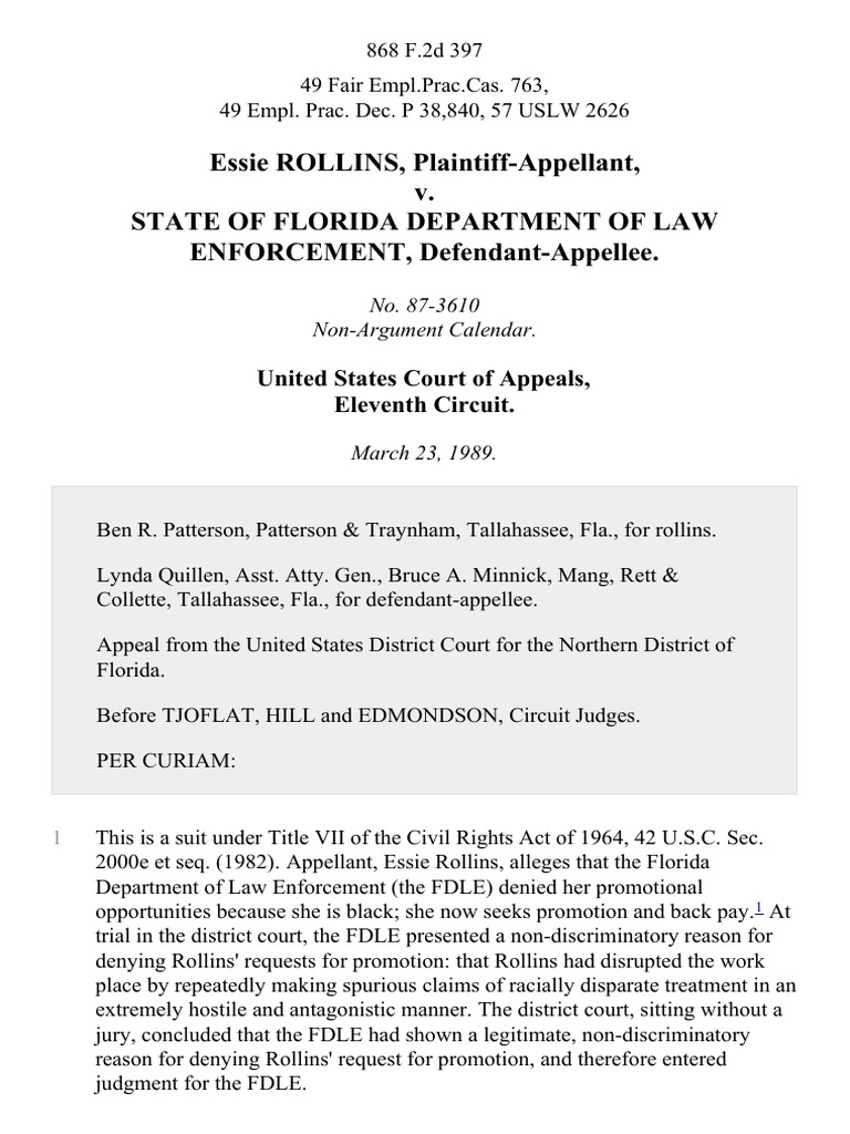 Essie Rollins v. State of Florida Department of Law Enforcement, 868 F.2d 397, 11th Cir. (1989 ...