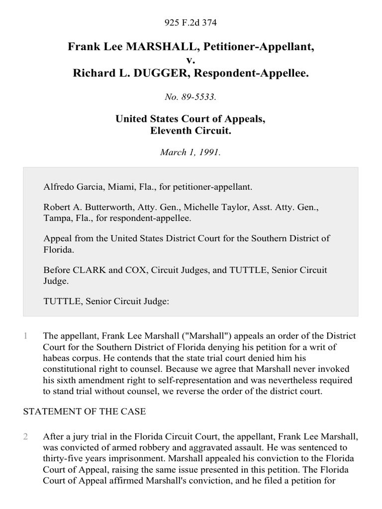 Frank Lee MARSHALL, Petitioner-Appellant, v. Richard L. DUGGER ...