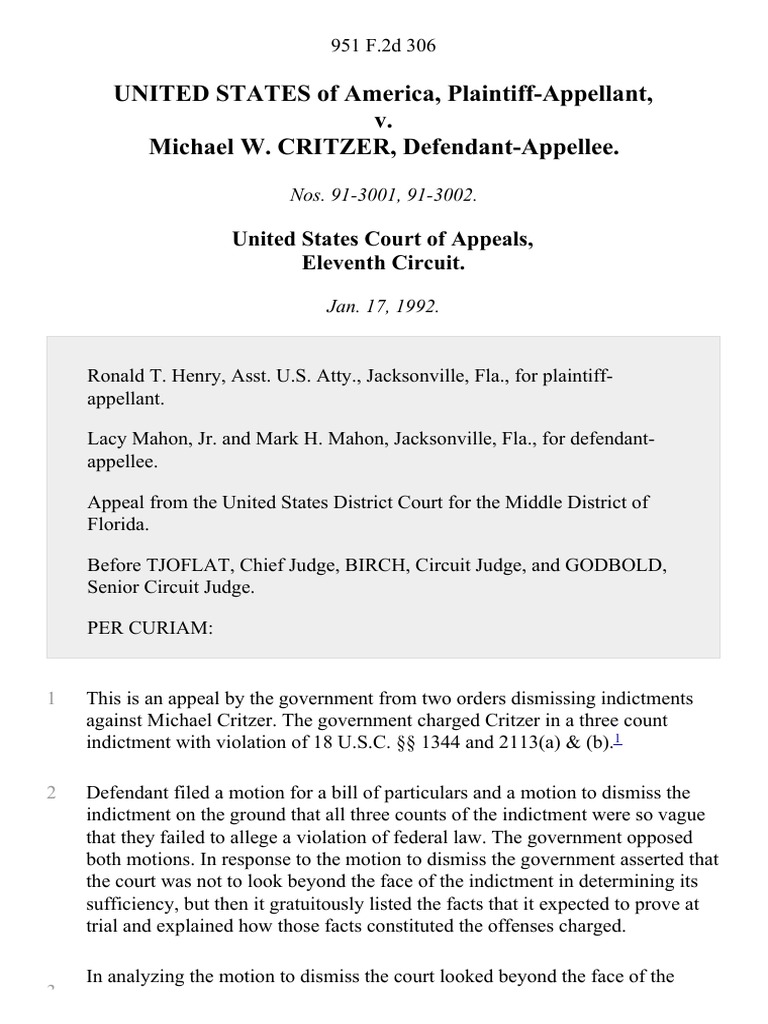 United States v. Michael W. Critzer, 951 F.2d 306, 11th Cir. (1992 ...