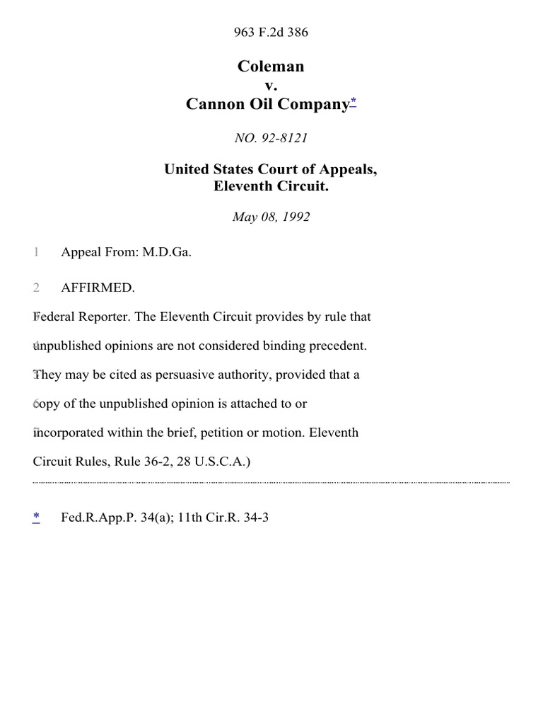 Coleman v. Cannon Oil Co. Appeal Summary | PDF | Law | Technology ...