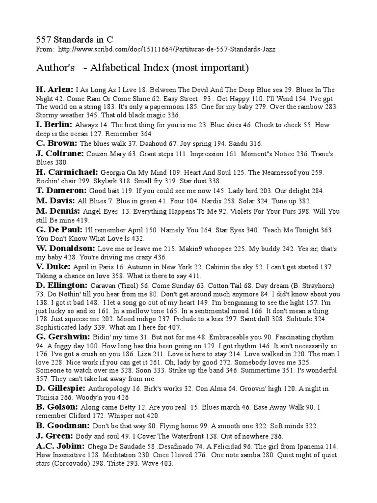 Index Partituras de 557 Standards Jazz | PDF | Blues | Jazz
