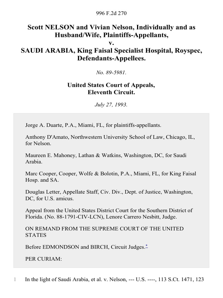 Scott Nelson and Vivian Nelson, Individually and As Husband/wife v. Saudi Arabia, King Faisal ...