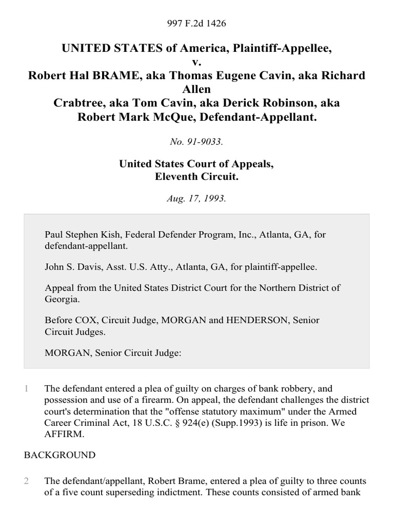 United States v. Robert Hal Brame, AKA Thomas Eugene Cavin, AKA Richard ...