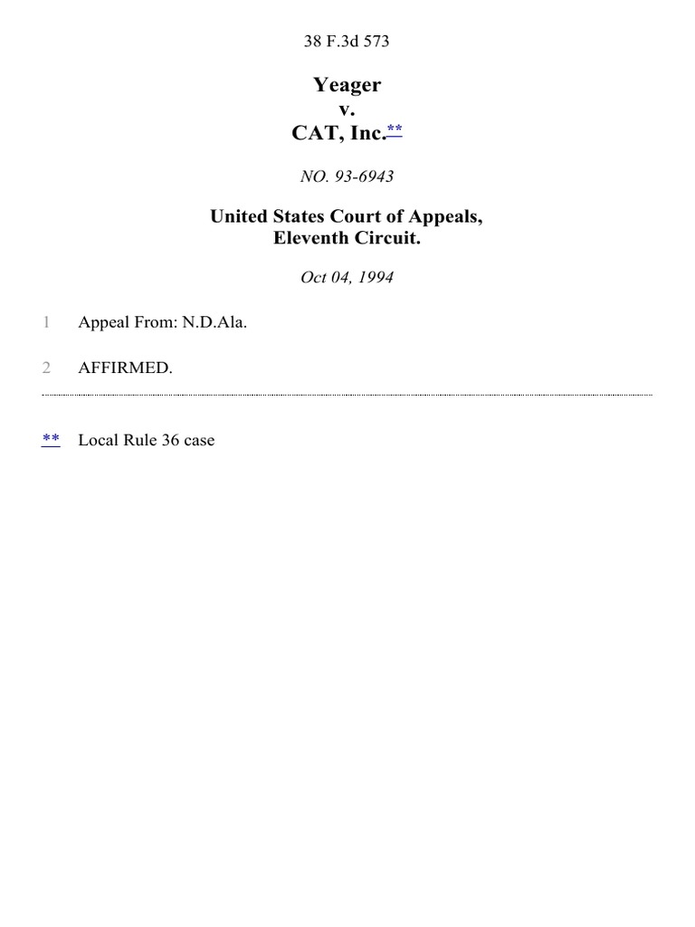 Yeager v. Cat, Inc., 38 F.3d 573, 11th Cir. (1994) | PDF