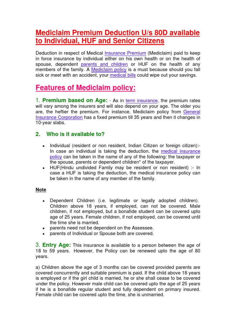 Mediclaim 80d | PDF | Tax Deduction | Insurance
