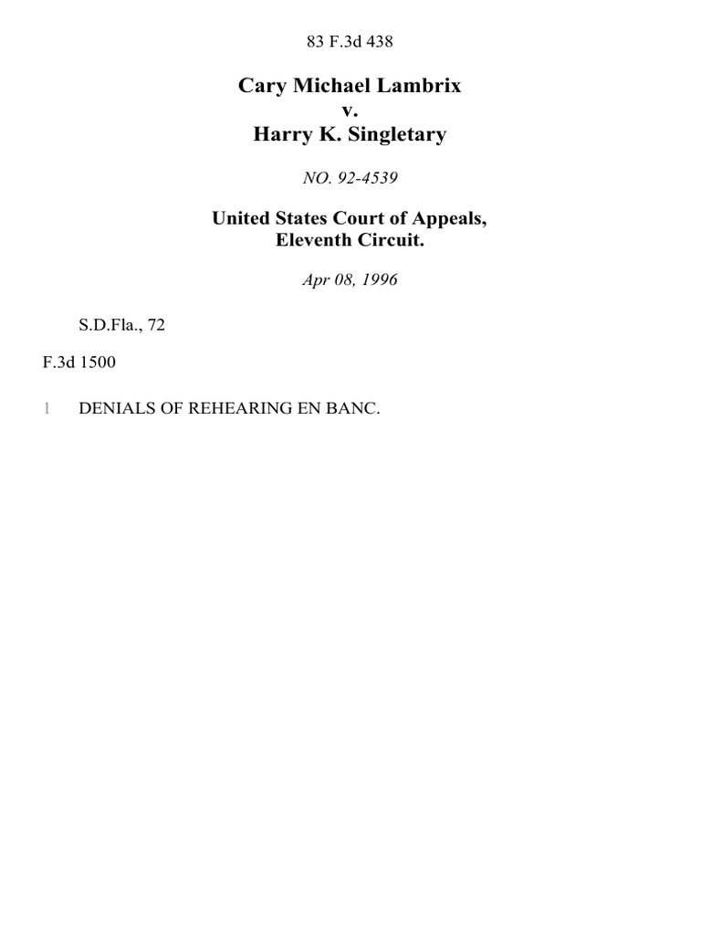 Cary Michael Lambrix v. Harry K. Singletary, 83 F.3d 438, 11th Cir ...