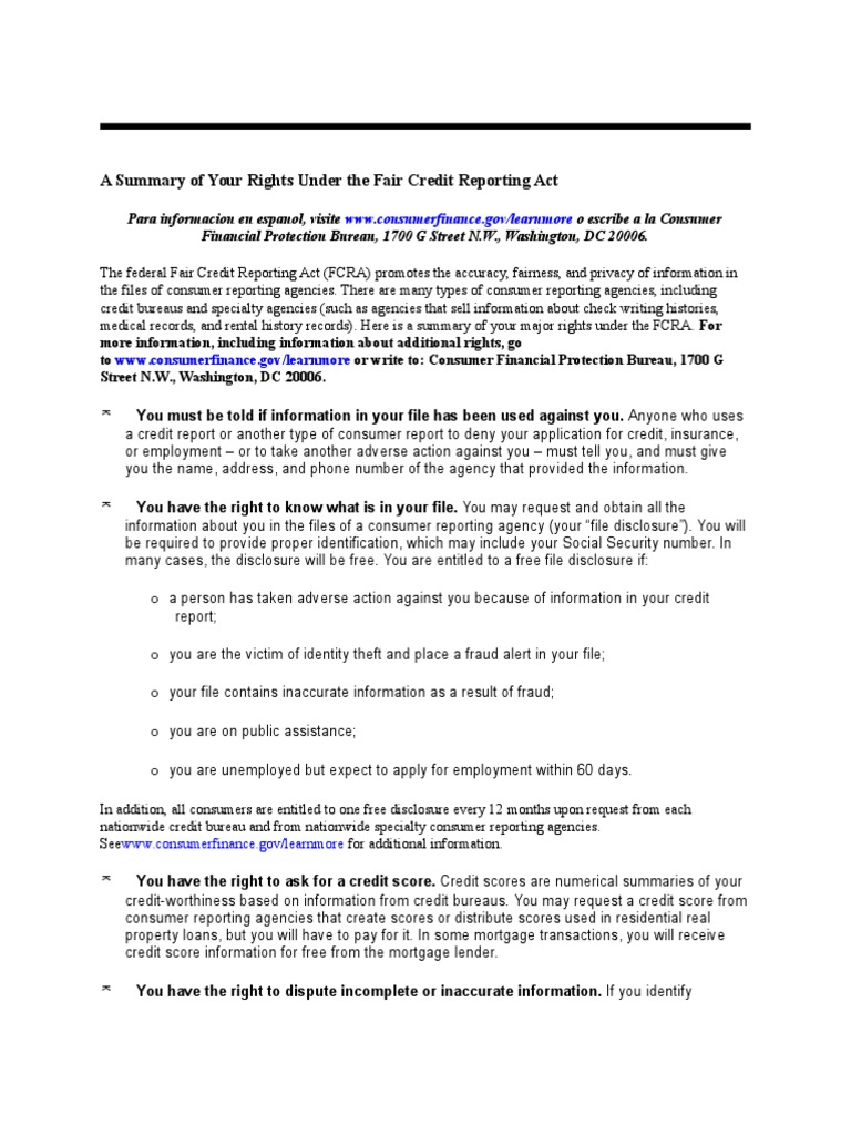 Fair Credit Reporting Act Information | PDF | Credit Bureau | Credit Score