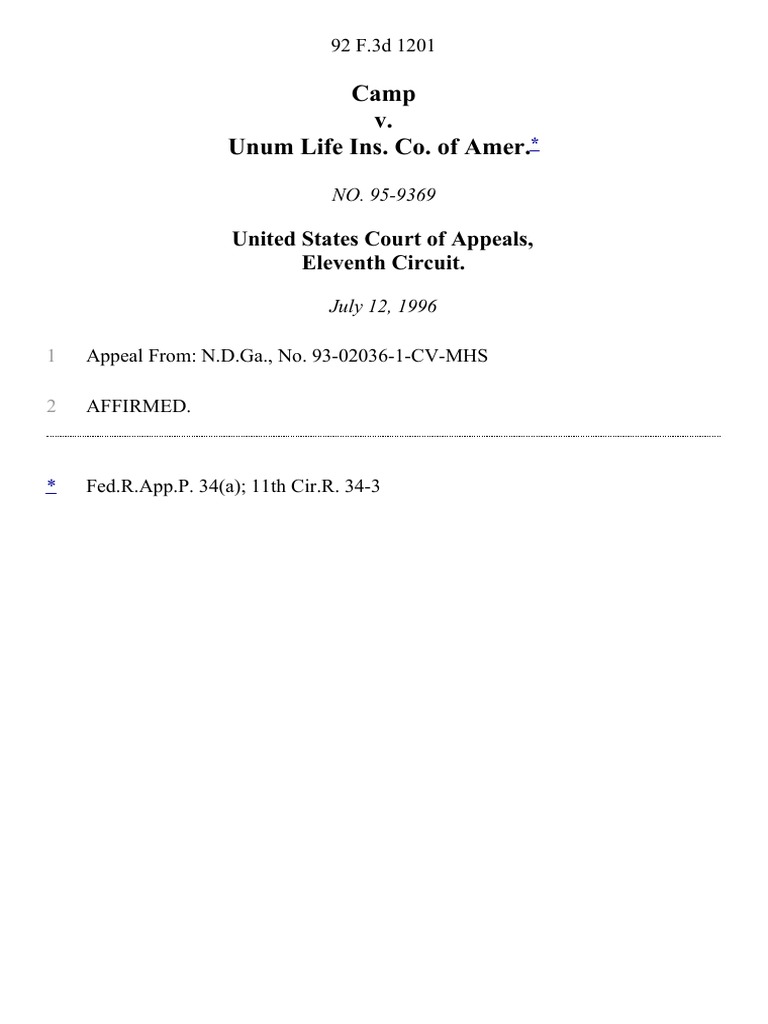 Camp v. Unum Life Ins. Co. of Amer., 92 F.3d 1201, 11th Cir. (1996) | PDF