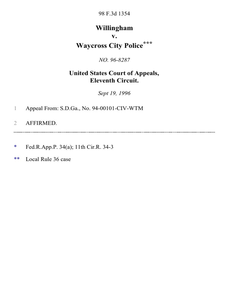Willingham v. Waycross City Police, 98 F.3d 1354, 11th Cir. (1996) | PDF