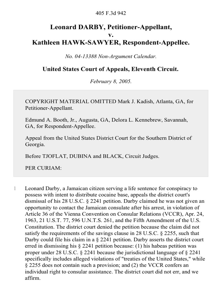 Leonard Darby v. Kathleen Hawk-Sawyer, 405 F.3d 942, 11th Cir. (2005 ...