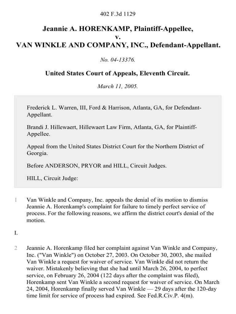 Jeannie A. Horenkamp v. Van Winkle & Co., Inc., 402 F.3d 1129, 11th Cir. (2005) | PDF | Service ...