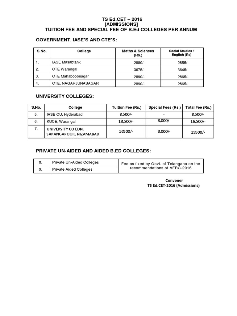 Fee Structure TS EDCET | PDF