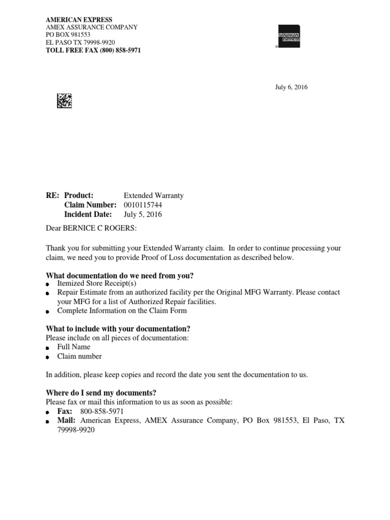 RE: Product: Claim Number: Incident Date:: Amex Assurance Company PO ...