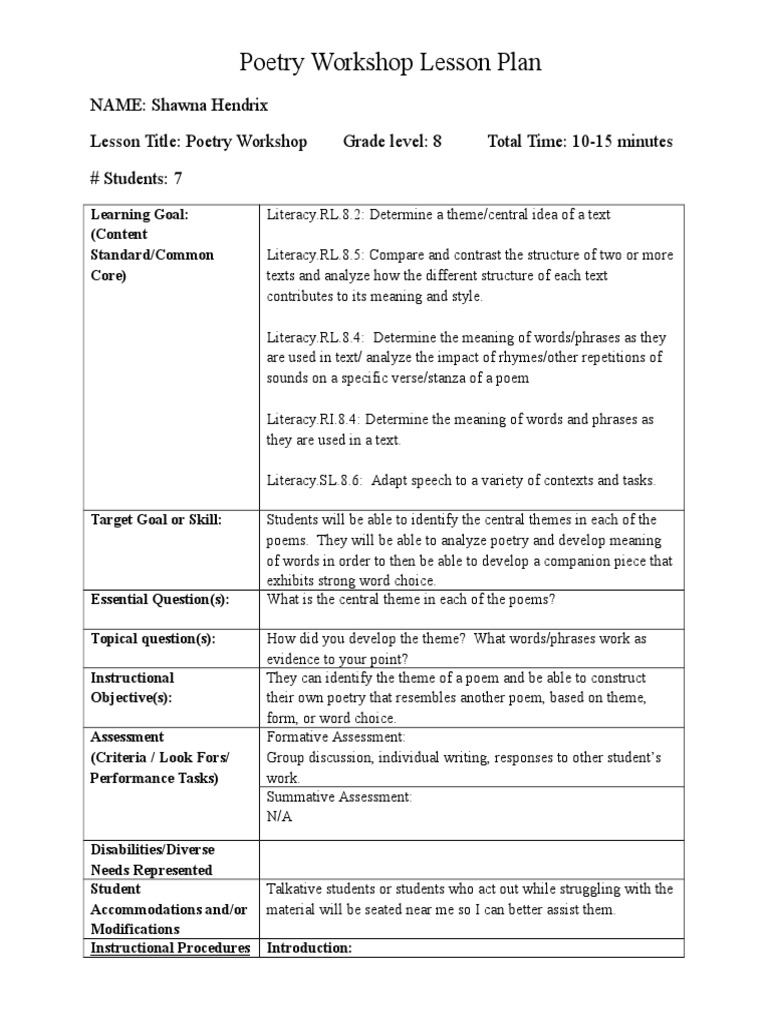 Poetry Workshop Lesson Plan | PDF | Poetry | Literacy