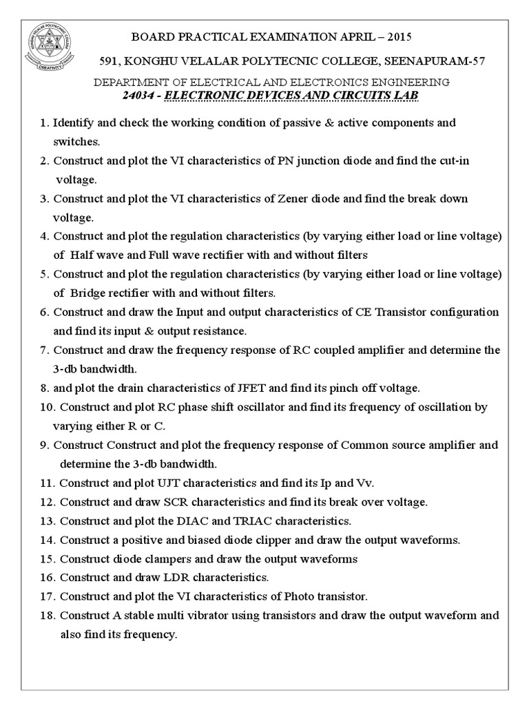 Electronic Devices and Circuits Lab: Department of Electrical and Electronics Engineering | PDF ...