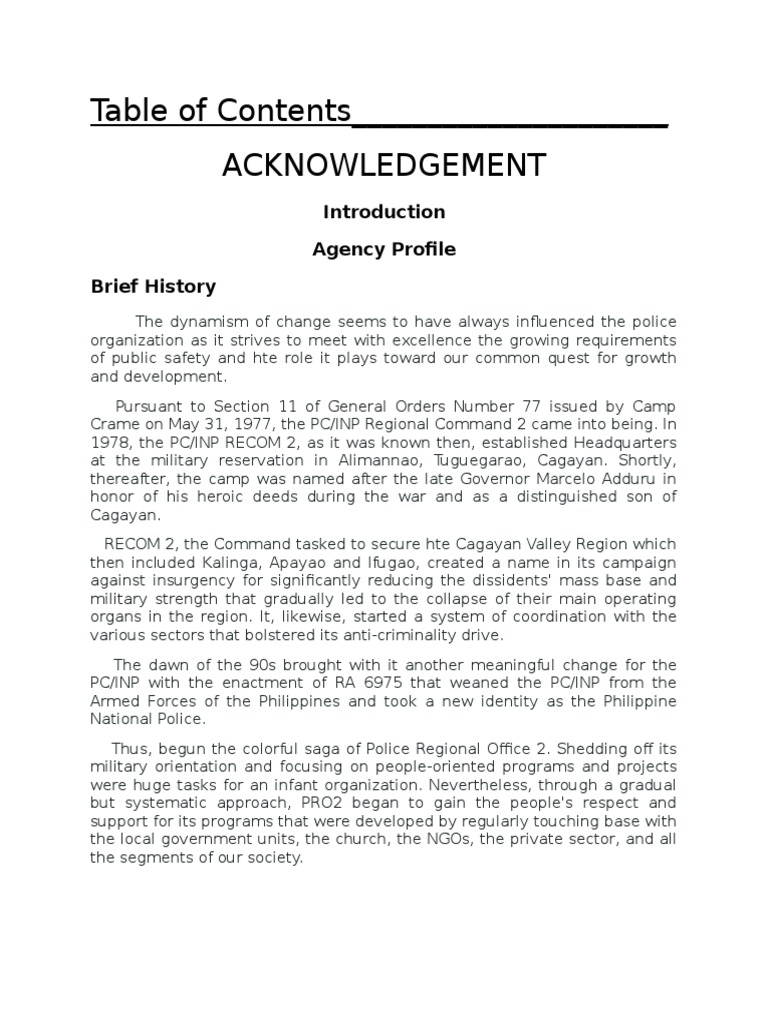 Table of Contents - Acknowledgement: Agency Profile Brief History | PDF ...
