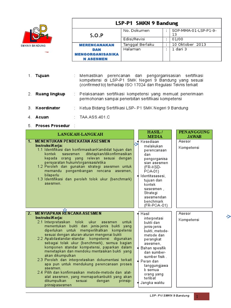 SOP Perencanaan Asesmen SMKN 9 Bandung | PDF