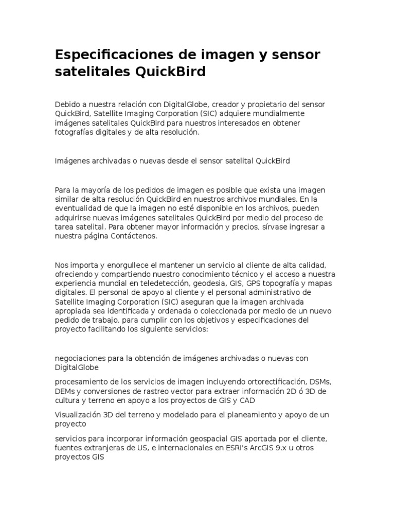 Especificaciones de Imagen y Sensor Satelitales QuickBird | PDF | Datos ...