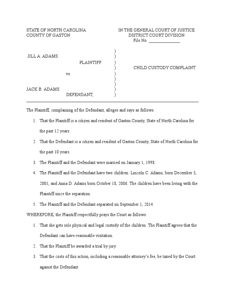 Child Custody Complaint | PDF