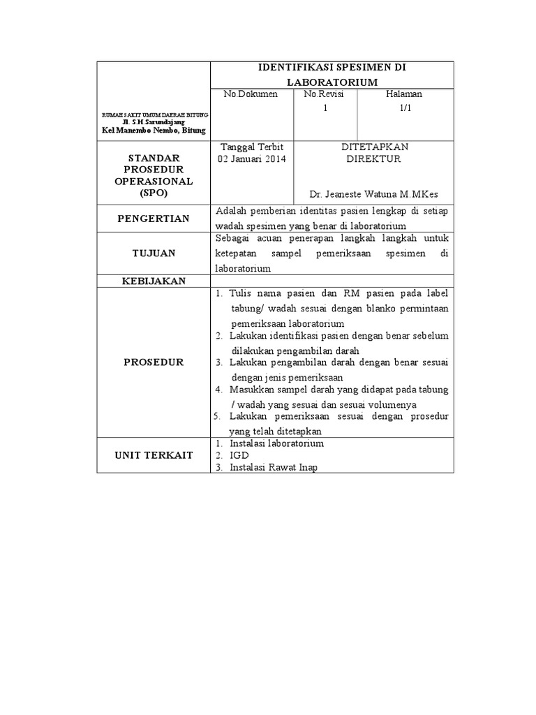 Identifikasi Spesimen Lab RS Bitung | PDF