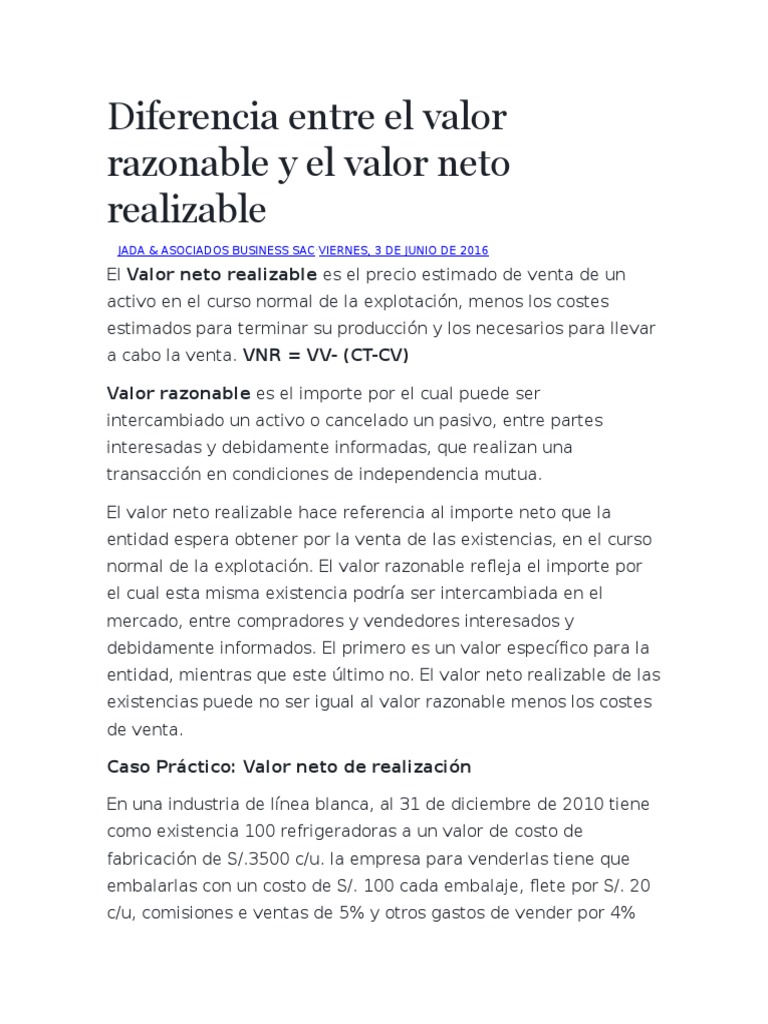 Diferencia Entre El Valor Razonable y El Valor Neto Realizable | PDF