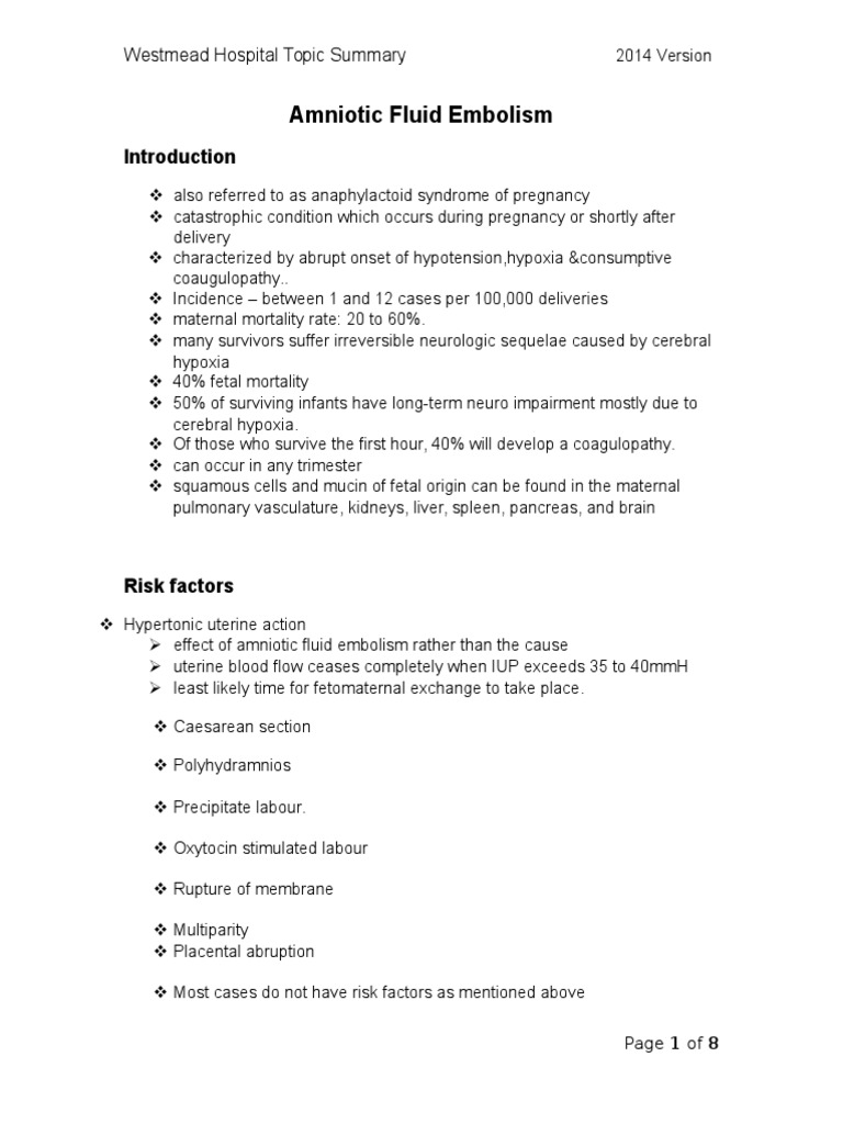 Amniotic Fluid Embolism | PDF | Heart Failure | Hypoxia (Medical)