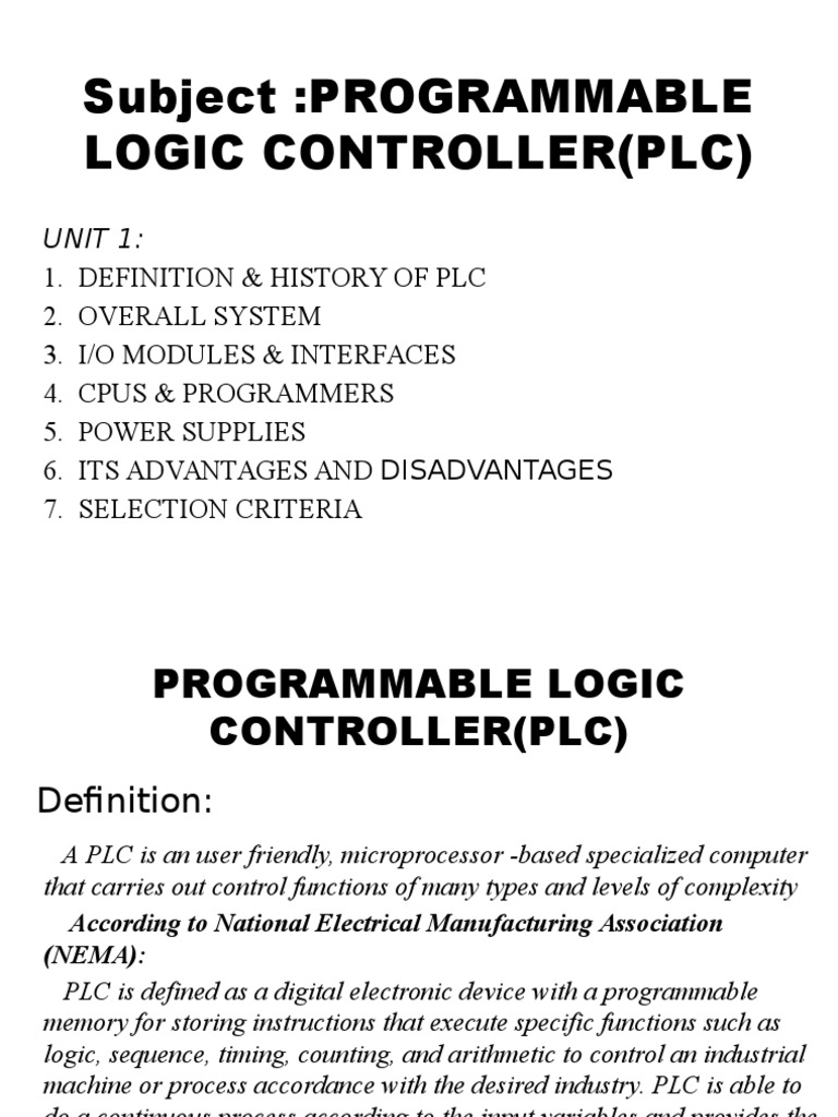 Subject:PROGRAMMABLE Logic Controller (PLC) : Unit 1 | PDF ...