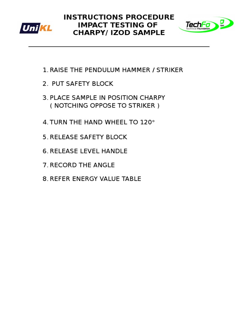 Instructions Procedure Impact Testing of Charpy/ Izod Sample | PDF