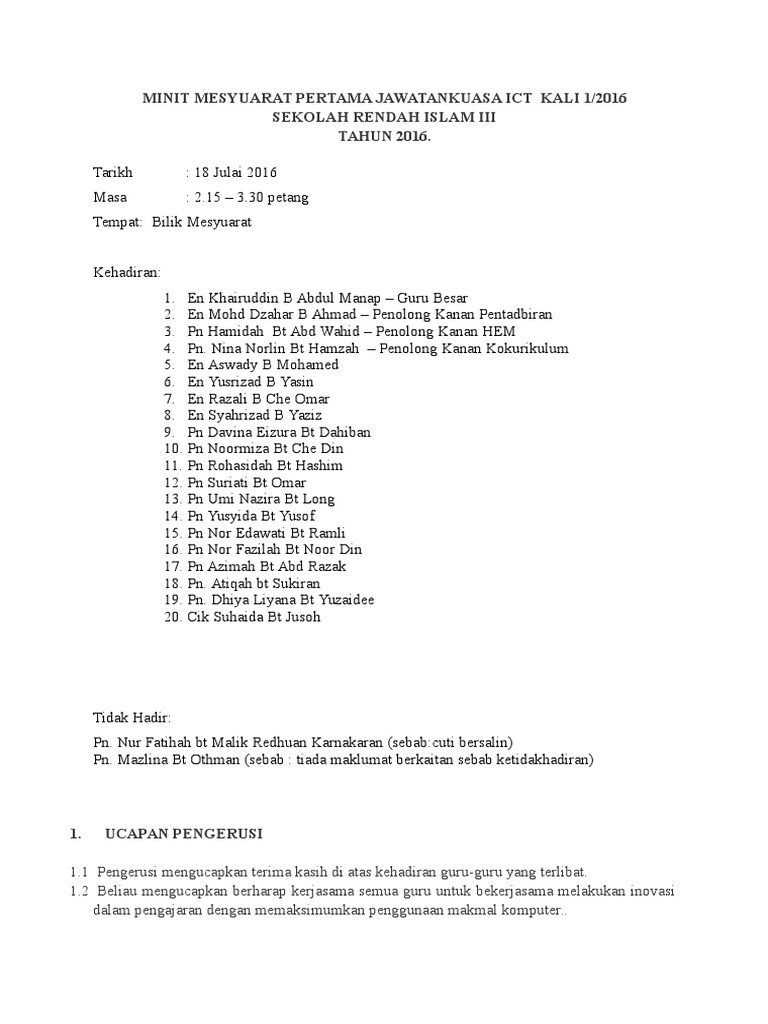Minit Mesyuarat Pertama Jawatankuasa Ict Kali 3 | PDF
